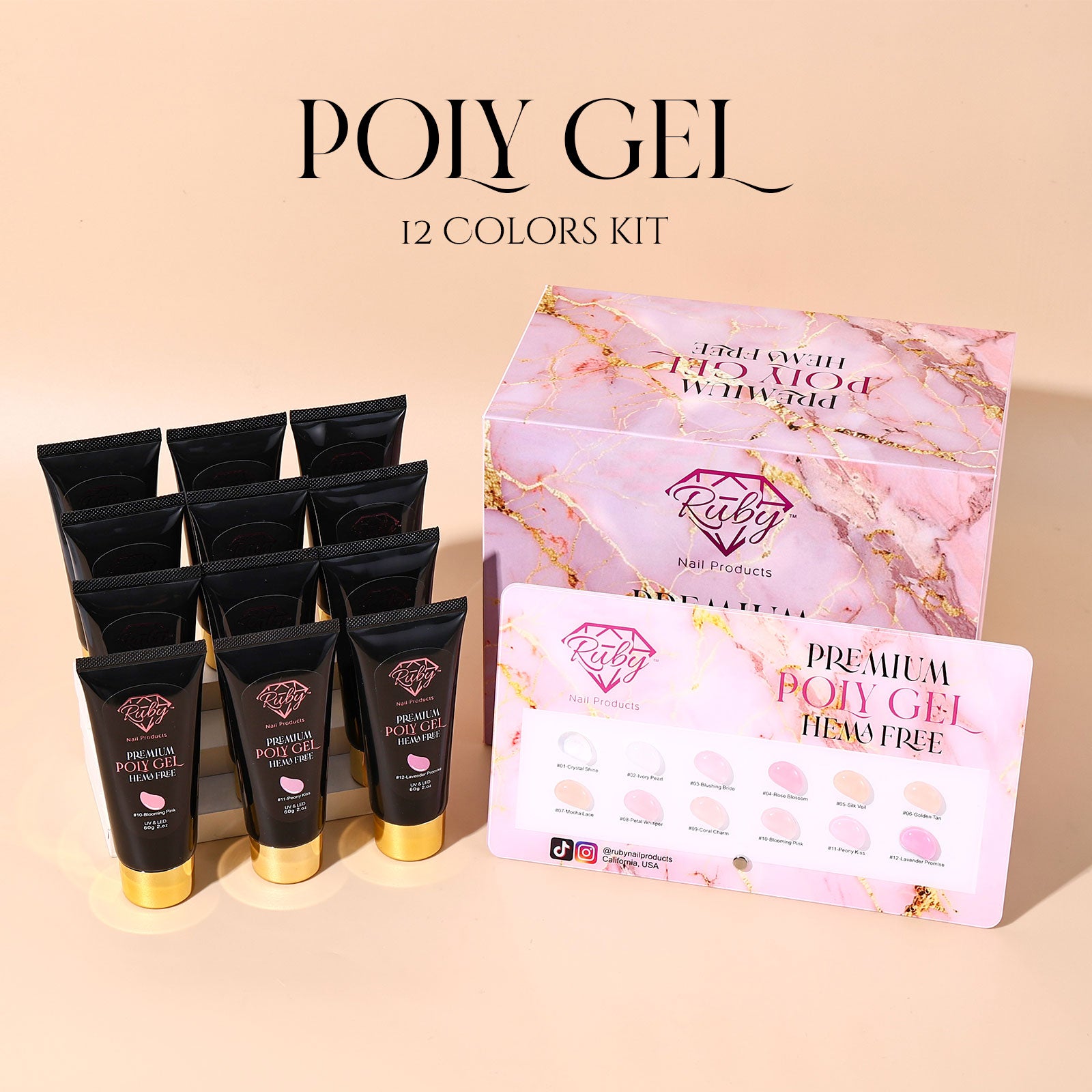 Ruby Premium Poly Gel 12-Color Kit | HEMA-Free | Single Tube 60g | Scu ...